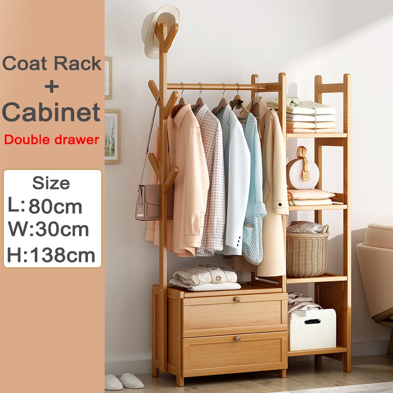 Wardrobe Cabinet with Drawer Clothes Rack Organizer Wooden Coat Rack ...