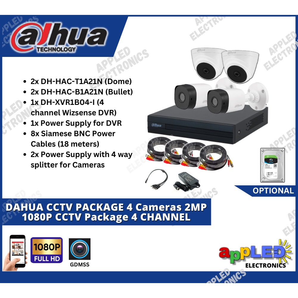 DAHUA CCTV PACKAGE 4 Cameras 2MP 1080P CCTV Package 4 CHANNEL | Shopee ...