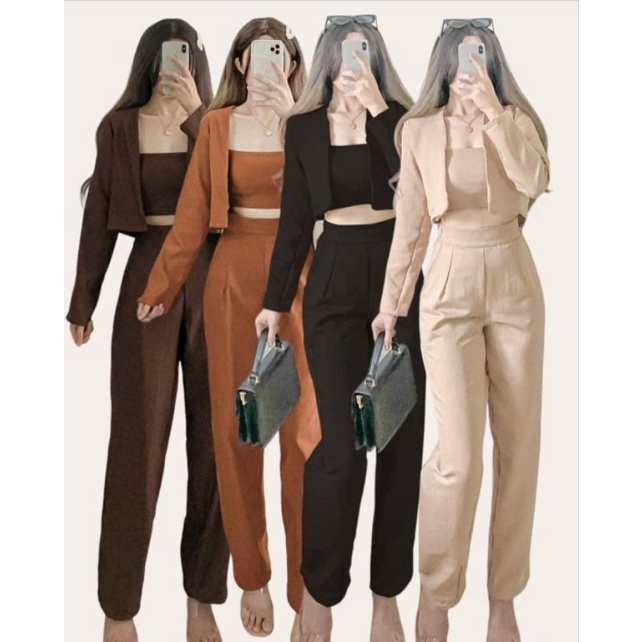 ATtrendS Olivia 3in1 Woven Terno | tube blazer crop and highwaist ...