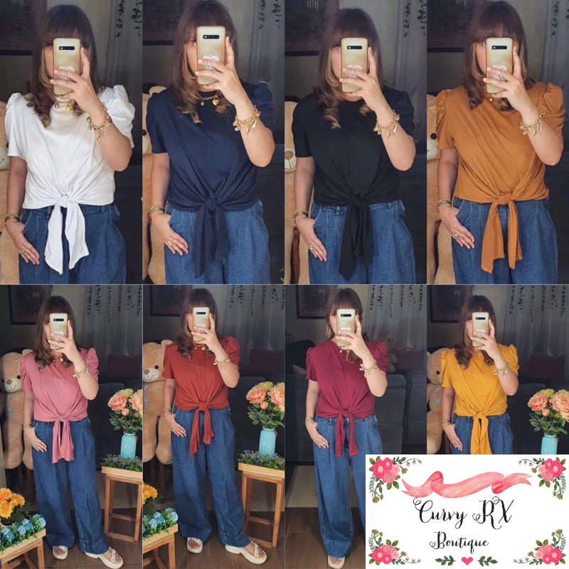 Plus Size Amy Puff Sleeves Top with Tie - Cotton Fabric | Shopee ...