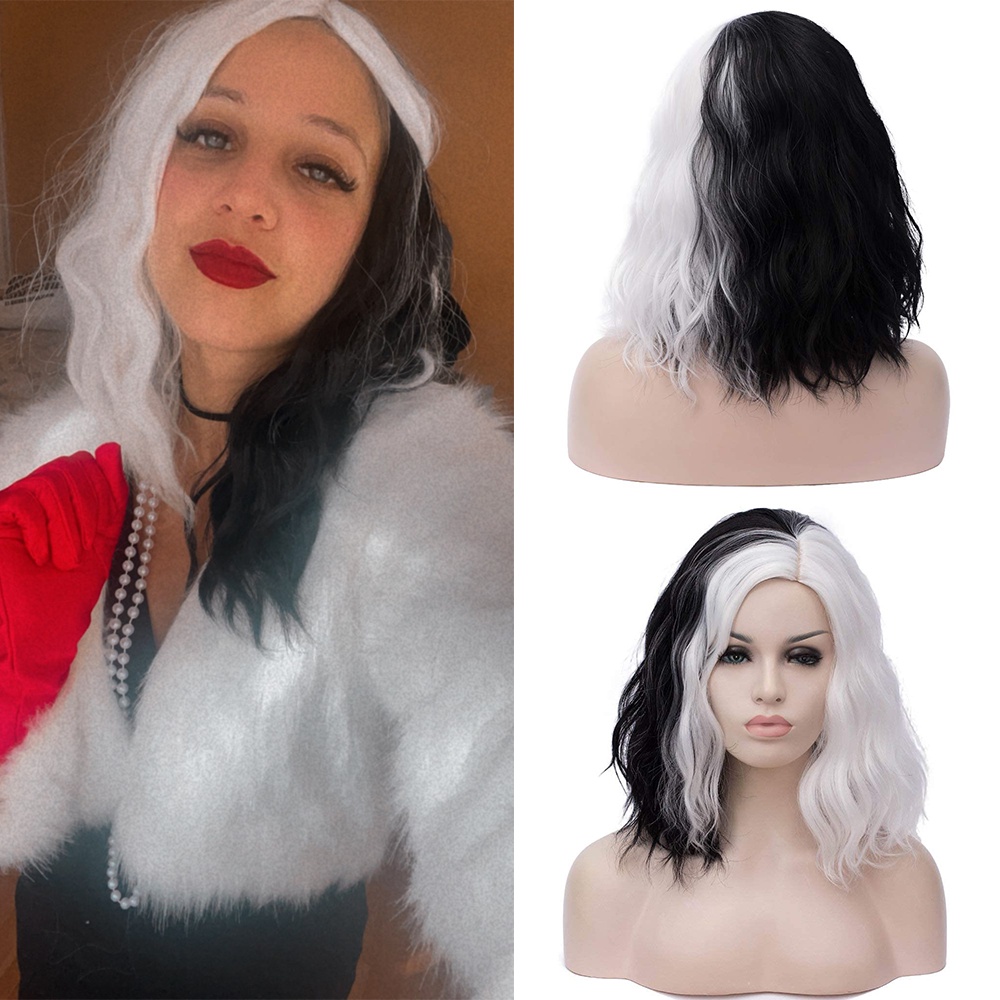CRUELLA De Vil Cosplay Wig Half White Half Black Synthetic Short Wavy ...