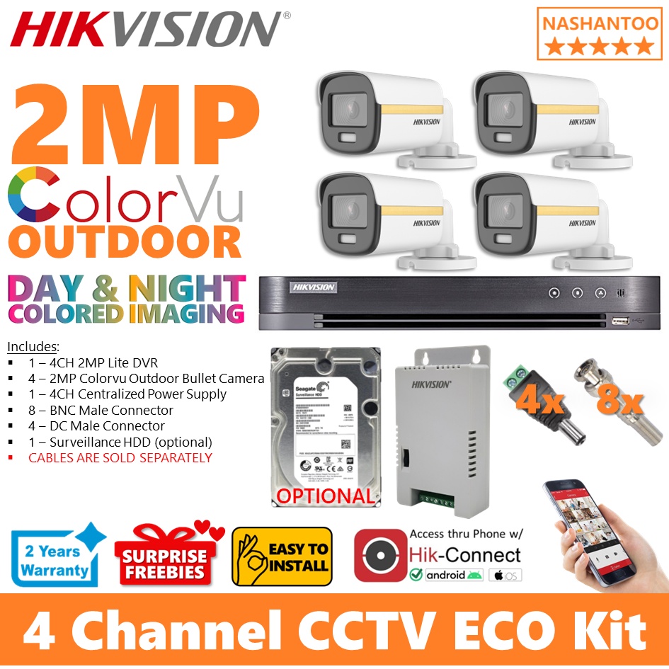 Hikvision 4Channel 2MP Colorvu 4Camera Outdoor 4CH DIY CCTV Package Kit ...