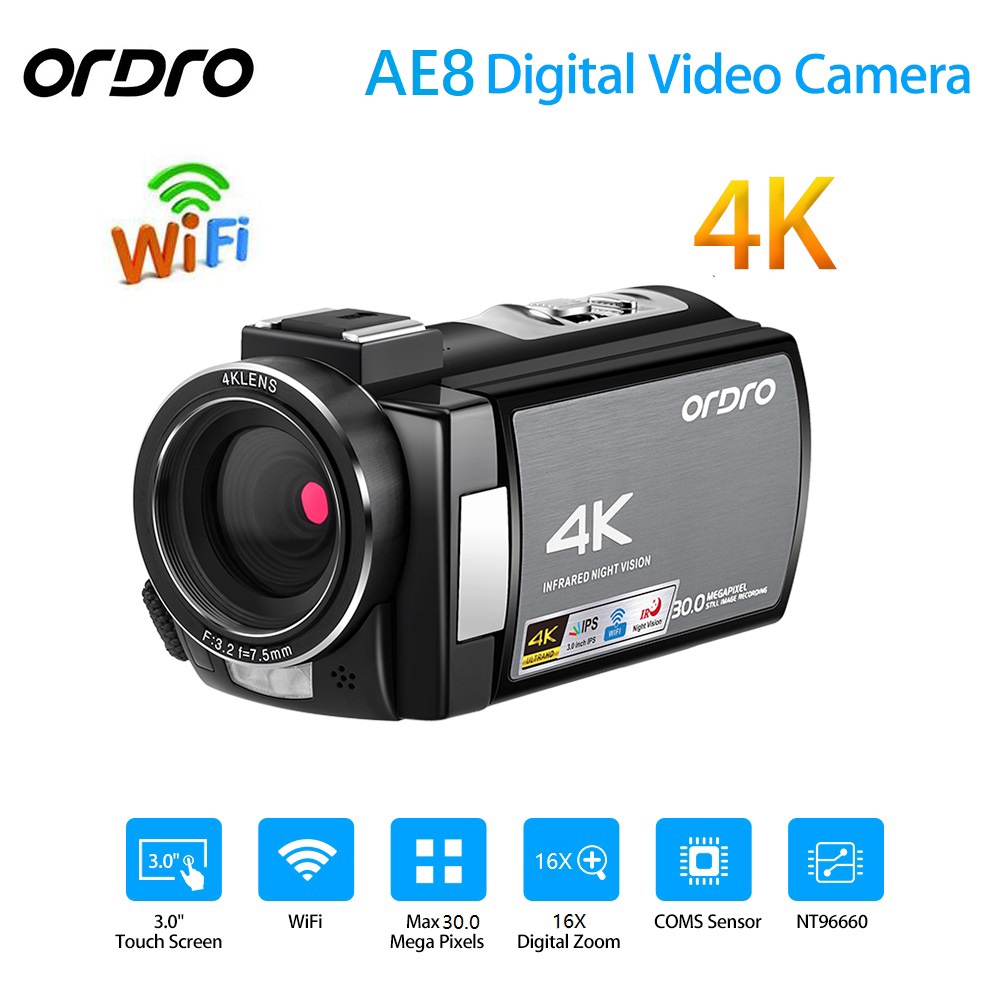 Original Ordro AE8 UHD 4K HDV Camera WiFi 30MP 16X Zoom IR Night Vision DV Digital Camcorder ...