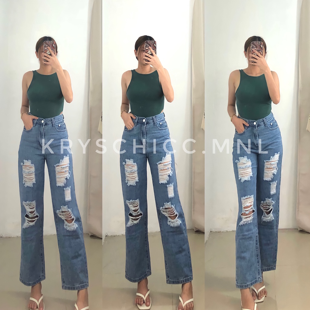 Boyfriend Cut Ripped Jeans Baggy Pants Straight Cut | Shopee Philippines