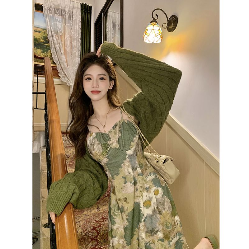 French Socialite Elegant Corduroy Strap Dress for Women Autumn New ...
