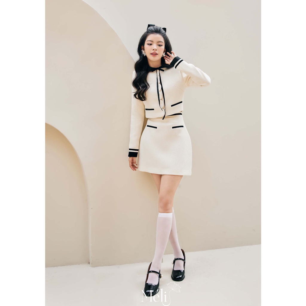 Cream rice tweed shirt with wavy collar and black trim - tweed skirt ...