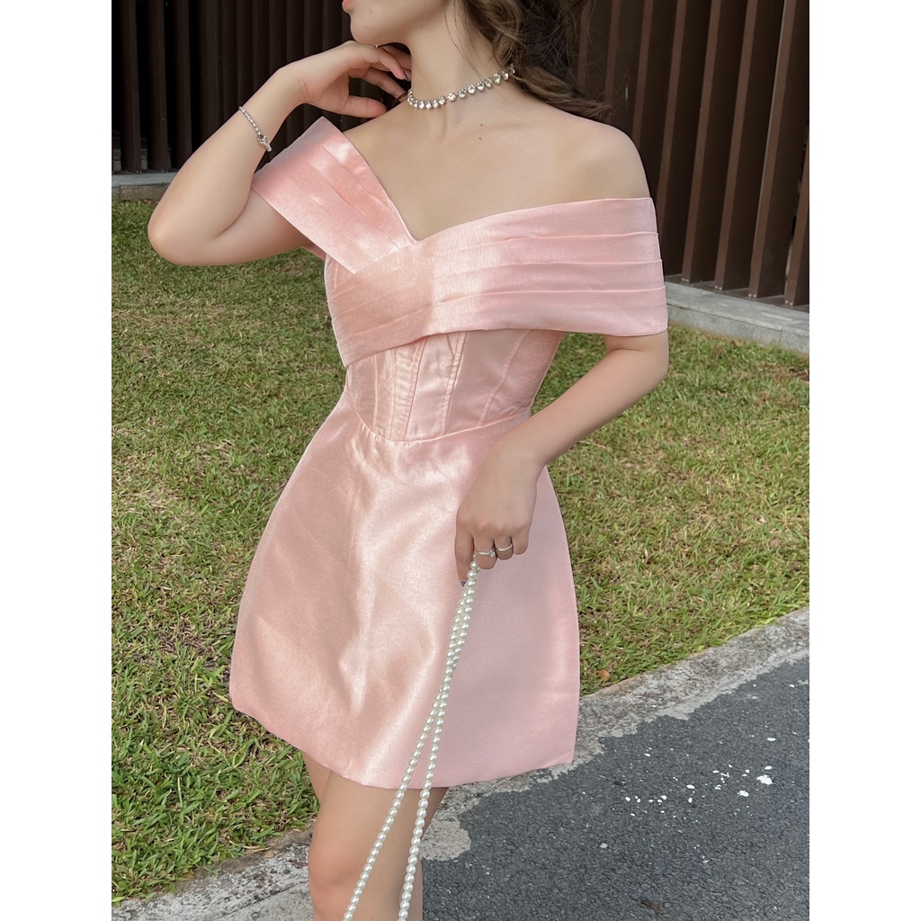 Tafta Off-the-Shoulder Cross-Breasted Pleated Waist Dress in Metallic ...