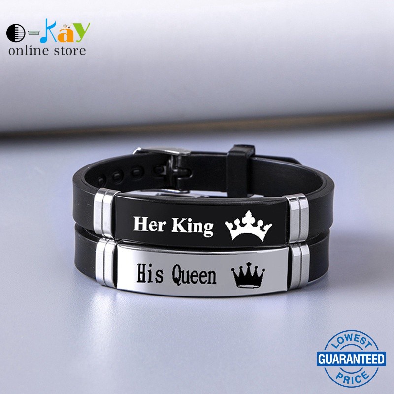 O-KAY 2 Pcs/Set Silicone Couple Bangle Black White Crown Her King His Queen Stainless Steel ...