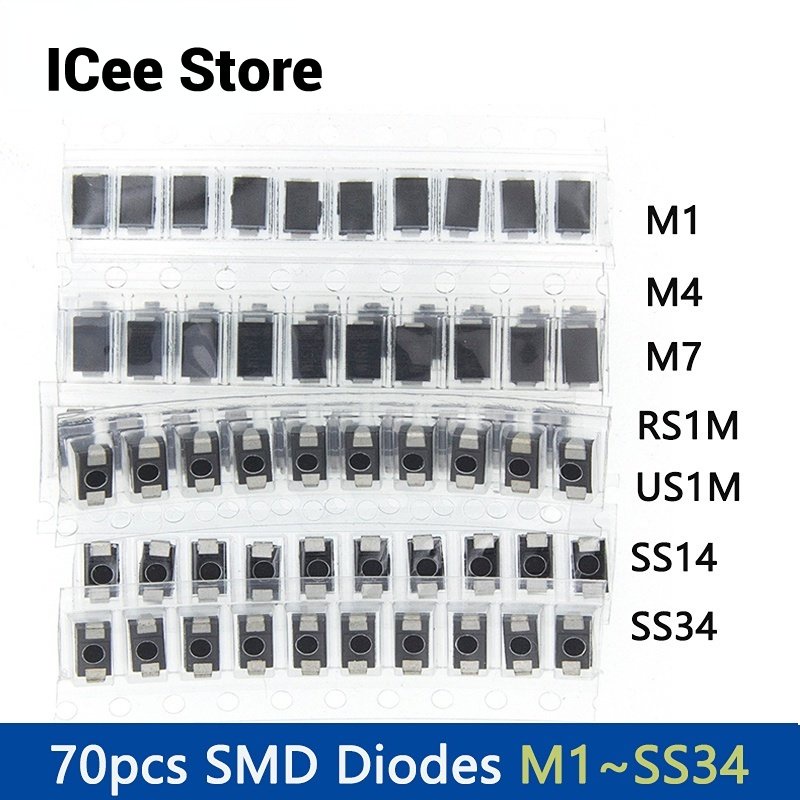 70Pcs SMD Diodes Set 1N4007 M7 1N4001 M1 1N4004 M4 SS14 US1M RS1M SS34 ...