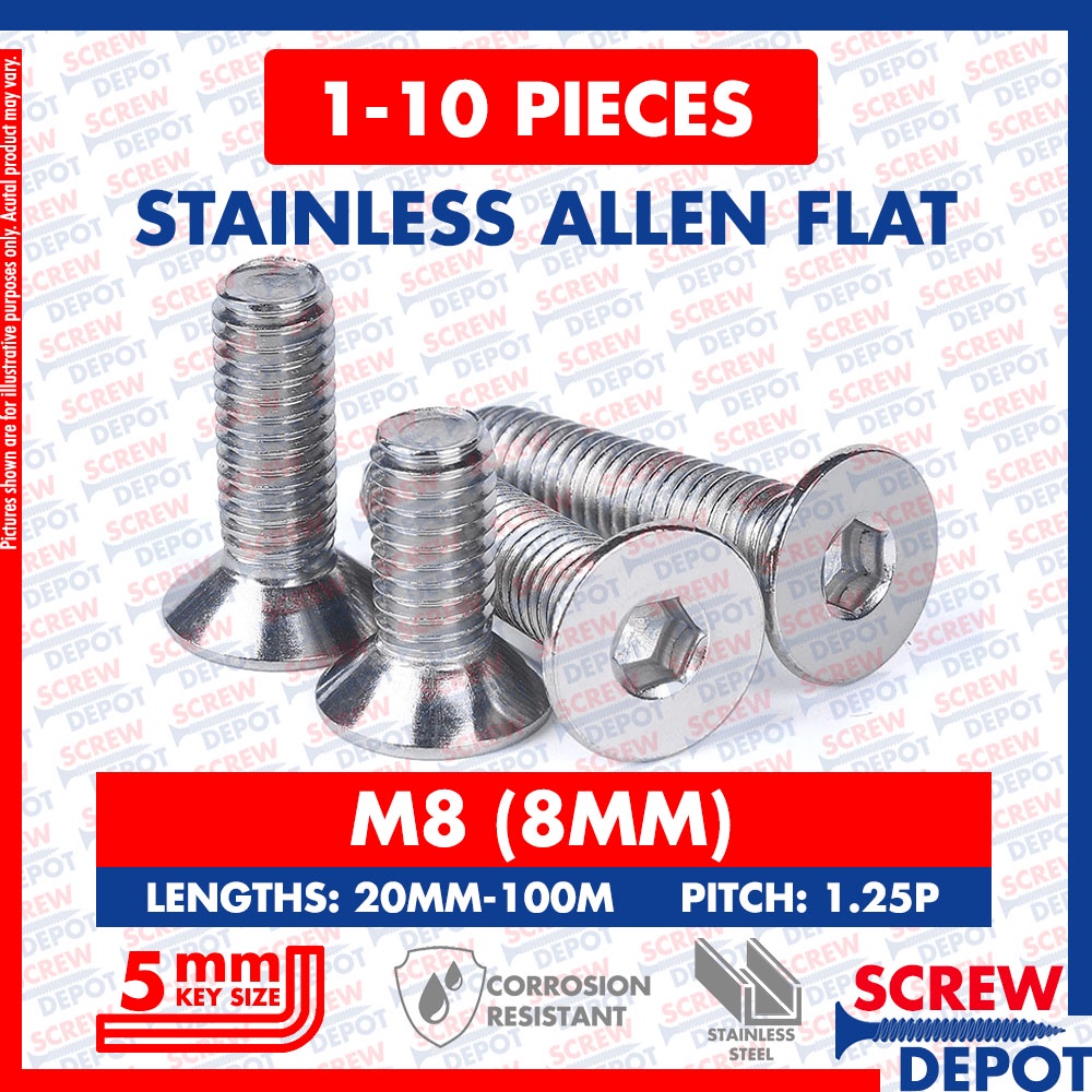 5-10PCS M8 ( 8MM ) SS Allen Flat / Socket Flathead / Stainless Allen ...