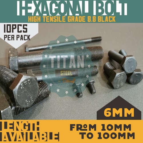 10pcs - 6MM M6 High Tensile / Hi-Tensile Hex Bolt (Grade 8.8) Black | Shopee Philippines
