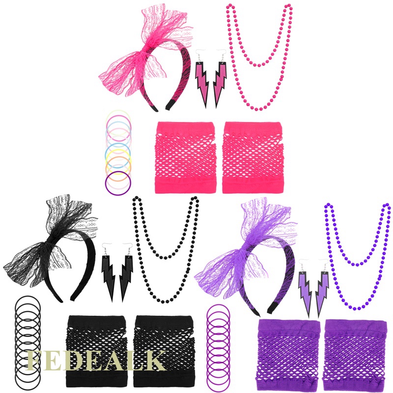 FEDEALK 80s Lace Headband Earrings Fishnet Gloves Necklace Bracelet for ...