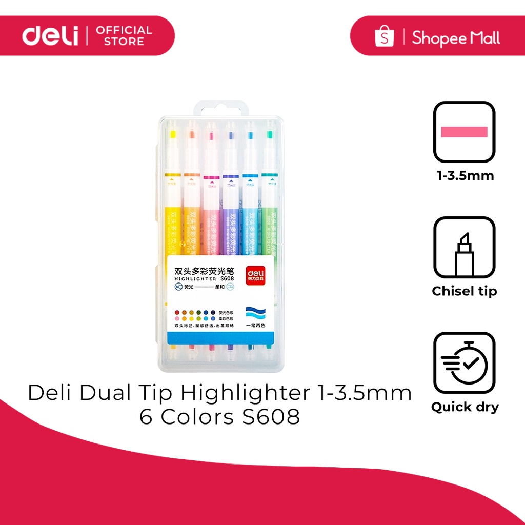 Deli S608 Dual Tip Highlighter 1-3.5mm 6 Colors [79S608] | Shopee Philippines