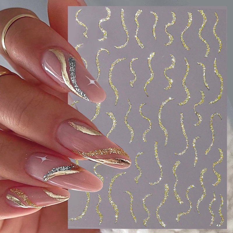 BORN PRETTY 3D Nail Sticker Reflective Glitter Gold And Silver Line ...