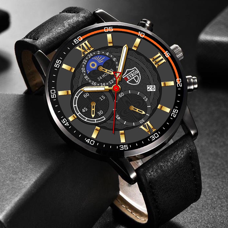 Creative Men's Leather Wristwatch Luminous Calendar Watch Men's Fashion ...