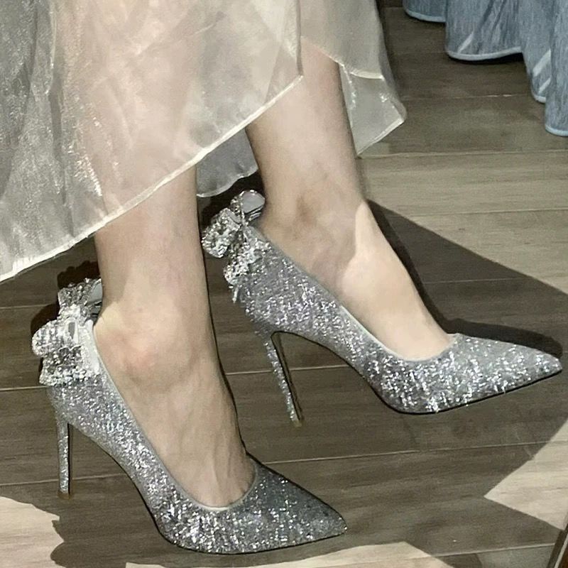 Silver Rhinestone Bow Pointed Toe French Pumps | Shopee Philippines