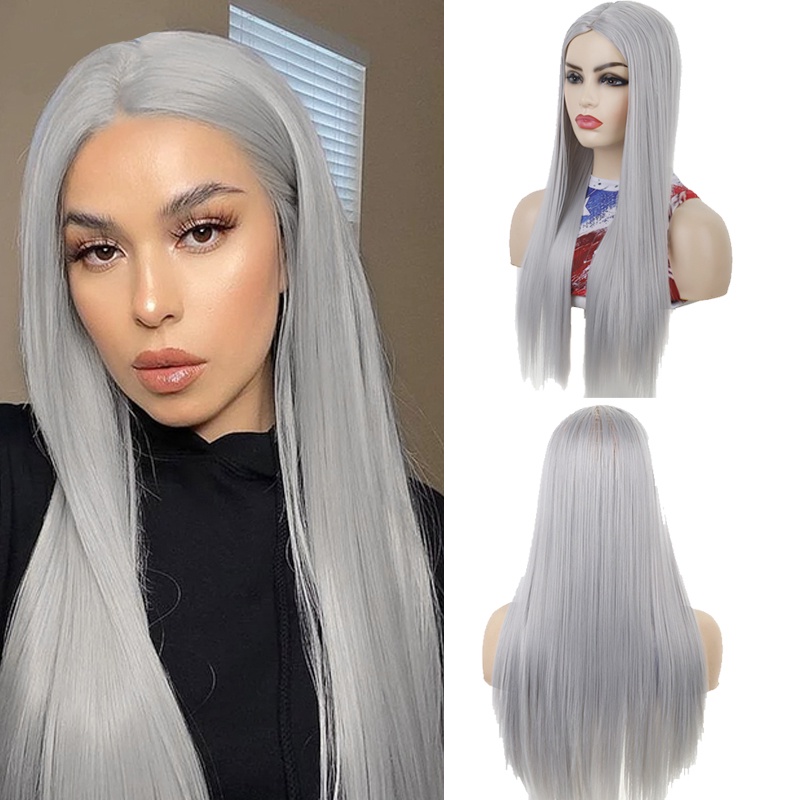 60cm Long Straight Full Hair Wig Grey Black Platinum Synthetic Wig ...