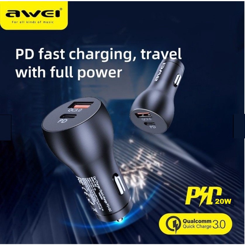 Awei C-822 Car Charger Fast Charging Type-C 20W PD 8 Pin + Type A High ...