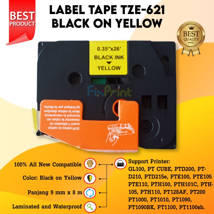 Brother Label Tape TZE-621 9mm Black ON Yellow, Brother GL100, PTD200 ...