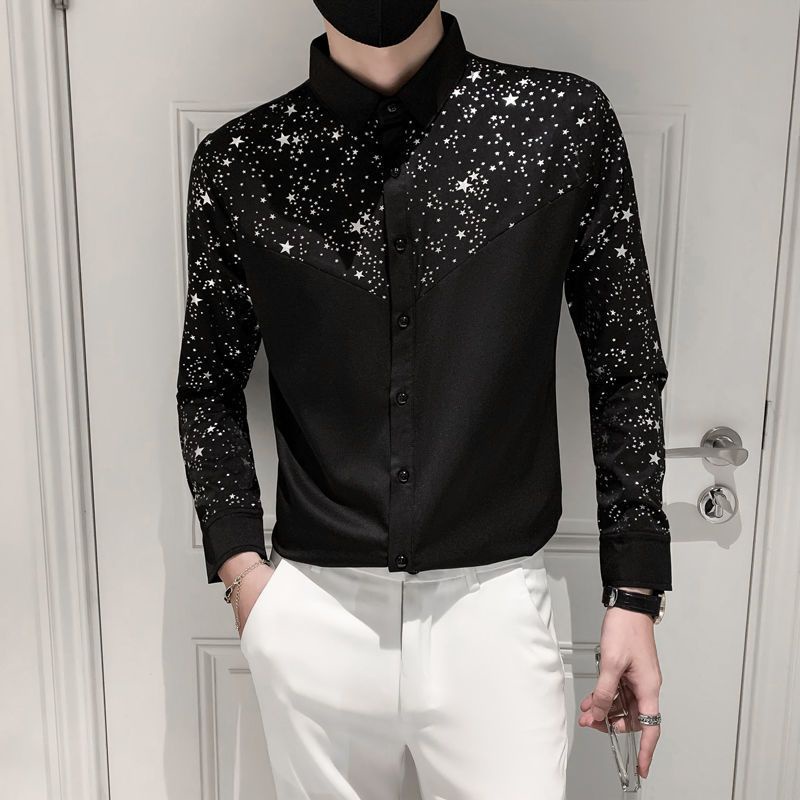 Casual Sequin Printed Slim-Fit Long-Sleeved Shirt Men | Shopee Philippines