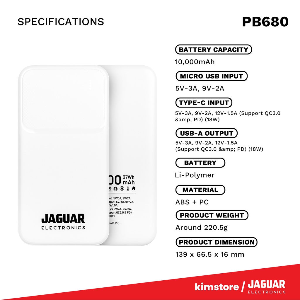 Jaguar Electronics PB680 V2 10000mAh Power Bank 18W PD/QC 3.0 Fast Charging Type-C | Shopee ...