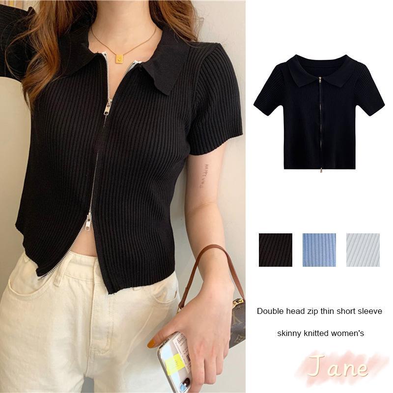Double Head Zipper Thin Short Sleeve Tight Knit Women's Summer Short ...