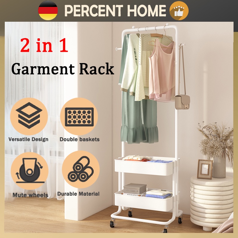 2 in 1 Floor-standing Clothes Clothing Rack with Basket Rolling Storage ...