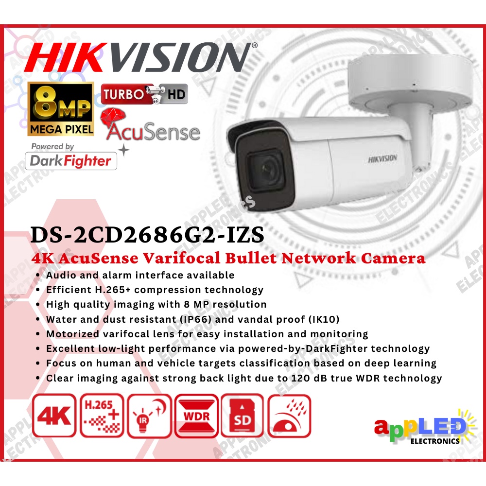 Hikvision DS-2CD2686G2-IZS 8MP Acusense Darkfighter Varifocal Bullet IP PoE Network Infrared ...