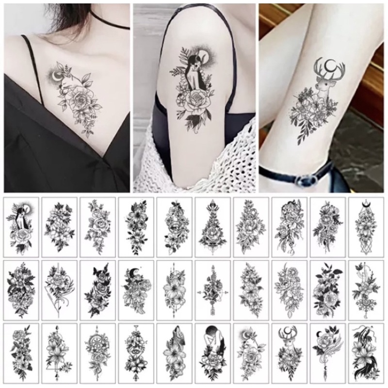 Temporary Tattoo Sticker 3D Flower Black Serie TS-8000 1pcs | Shopee ...