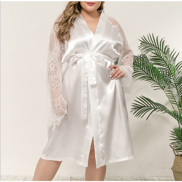 Plus Size S-3XL Women Pajamas Sexy Lingerie Set Lace Night Robe Silk ...
