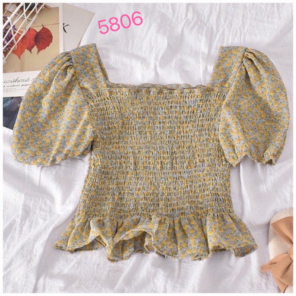 korean fashion Floral Puff Sleve Ruffle Hem Top | Shopee Philippines