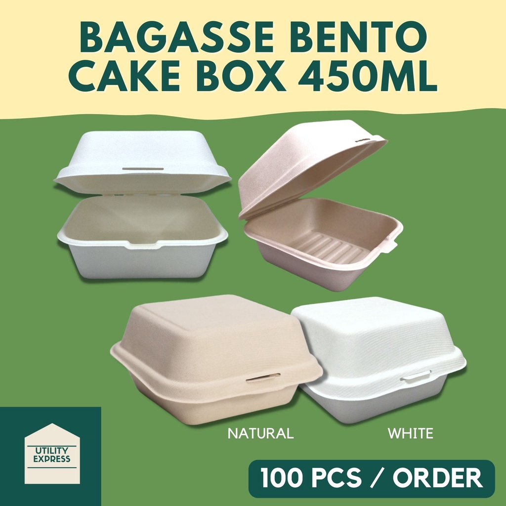 100pcs Sugarcane Clamshell 450ml Bento Cake Box Natural / White Bagasse ...