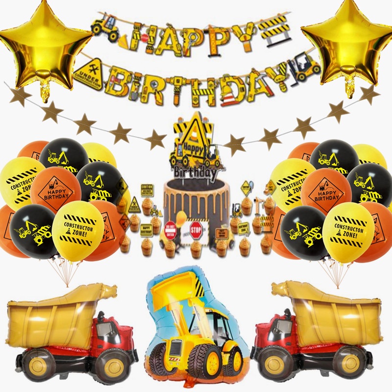 Construction Theme Party Decorations Truck Bulldozer Birthday Flag Cake ...
