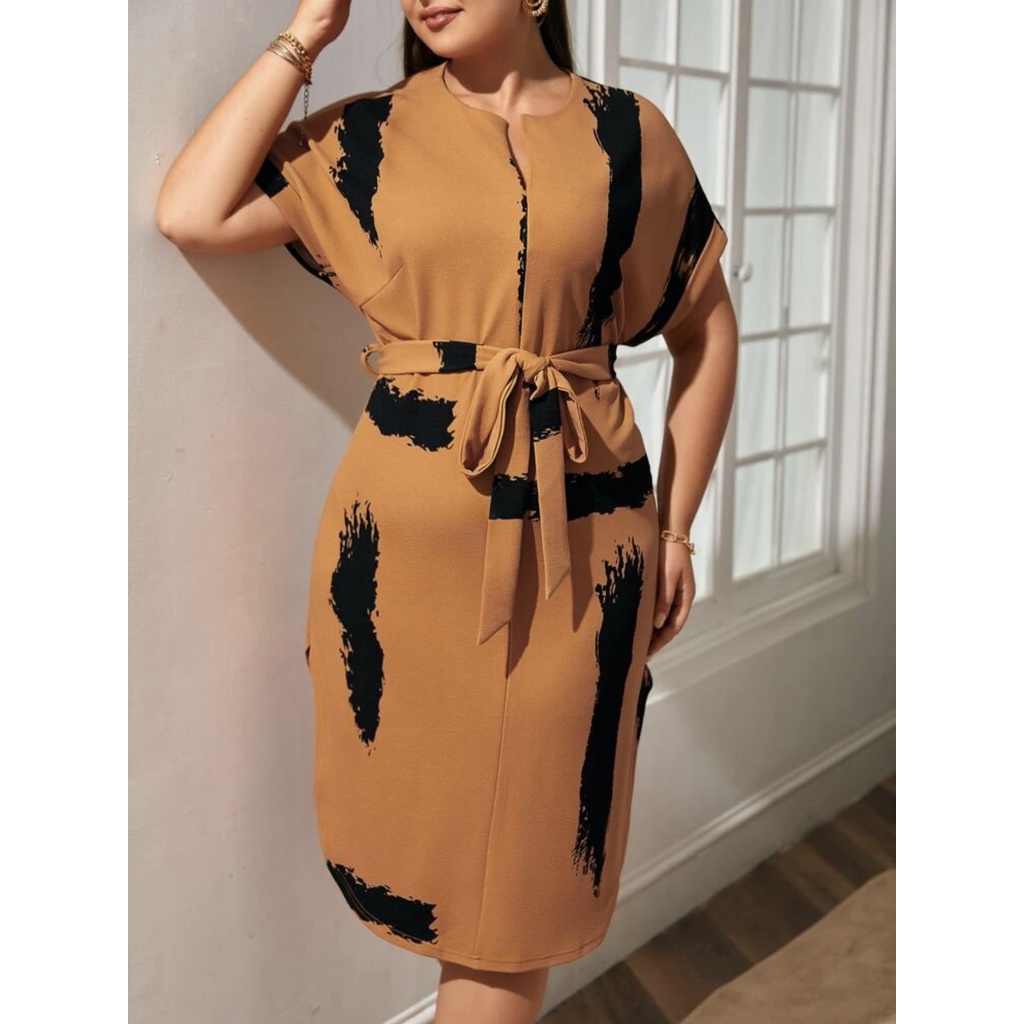 A3077 Miss Muse Splash Stripe Fold-up Sleeve Self Belt Plus Size Dress ...