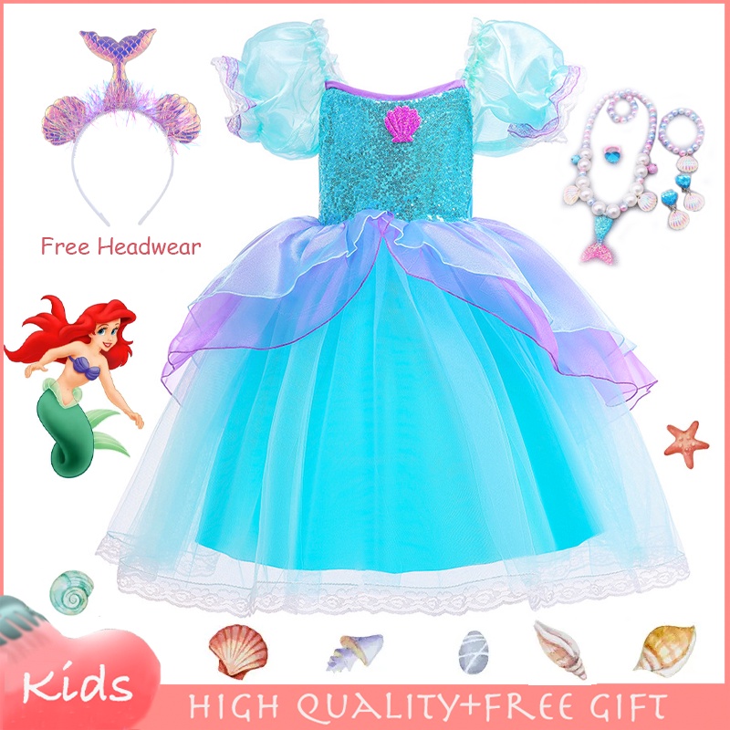 Mermaid Costume Sequin Mesh Blue Dress For Kids Girl Princess Ariel ...