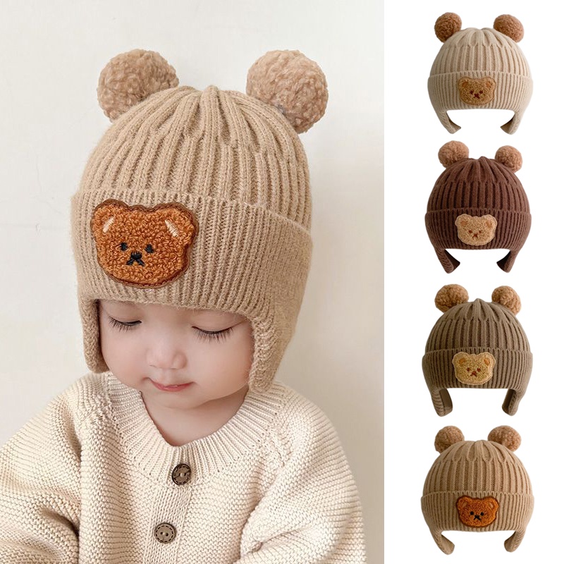 Baby wool cap children boys and girls cartoon plush bear knitting cap ...