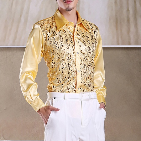 Shiny Gold Sequin Glitter Long Sleeve Shirt Men Nightclub Party Stage ...