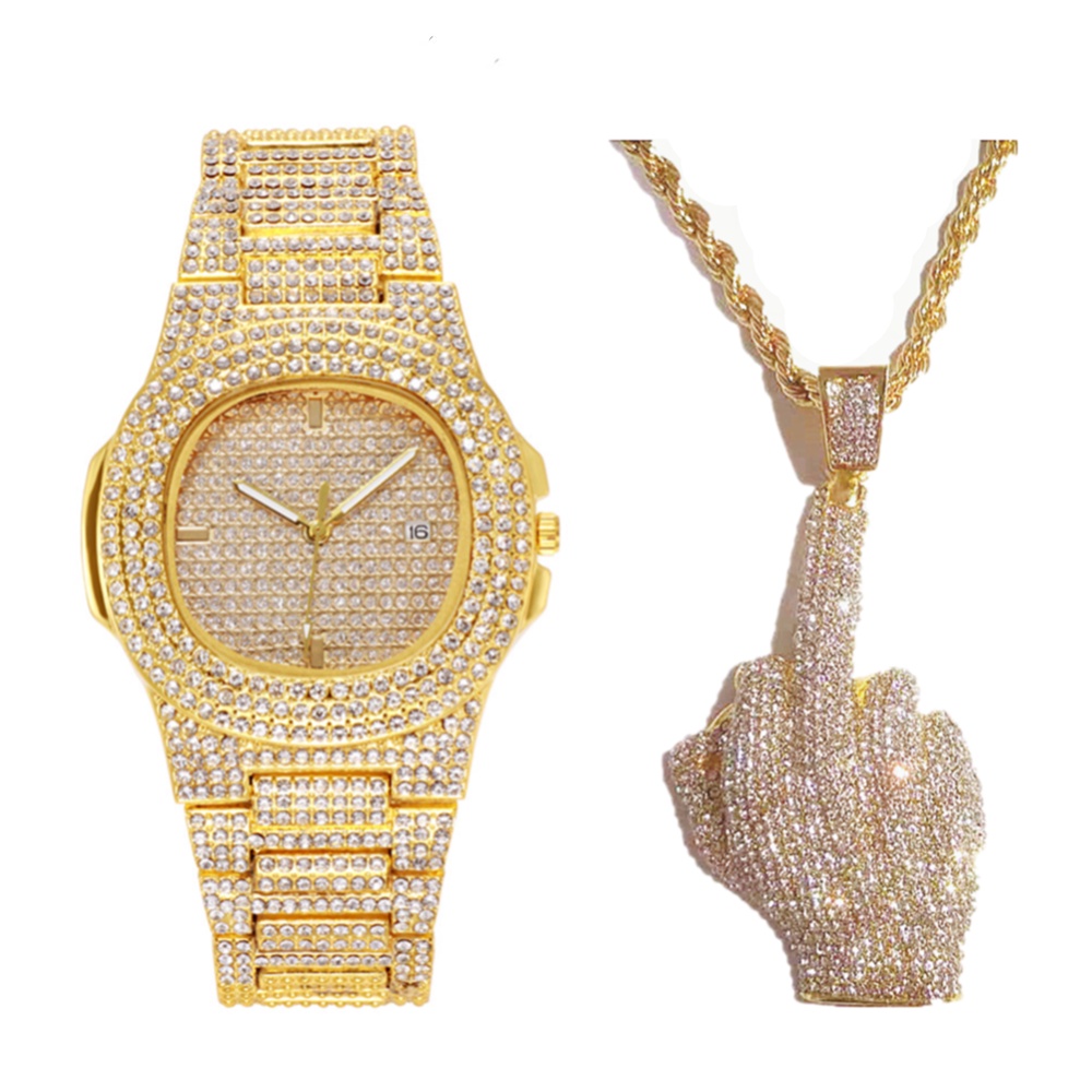 HIP HOP 2pcs Iced Out Watch Necklace for Men Luxury Diamond Gold Watch ...