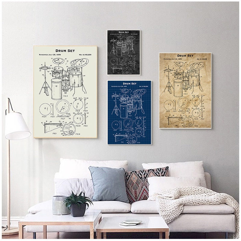 Music Instruments Patent Print Vintage Poster Drum Blueprint Retro Wall ...