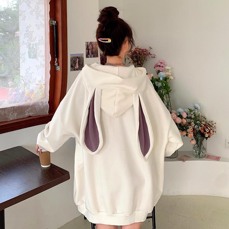 Women Rabbit Cosplay Hoodie Loose Jacket Oversize Solid Color Sweater ...