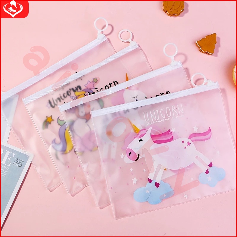 【COD】Ring Zipper File Cartoon Transparent Cute Unicorn File Bag Student ...