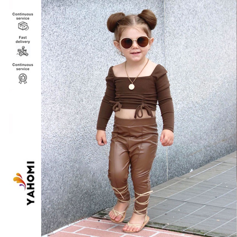 ZXT-2PCS Kid Girls Spring Fall Outfits Long Sleeve Bow Front Crop Tops ...
