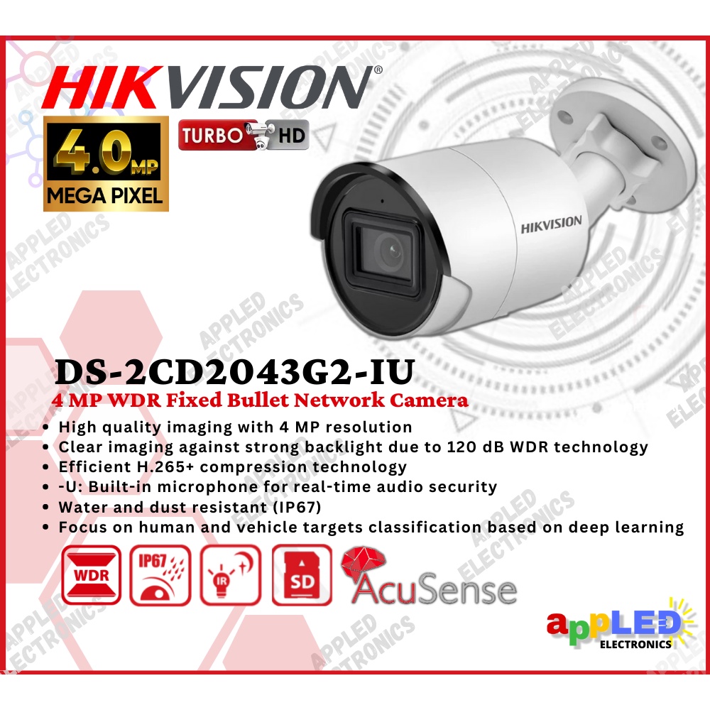 Hikvision DS-2CD2043G2-IU 4MP Acusense Bullet IP Network Infrared CCTV Camera with Builtin Mic ...