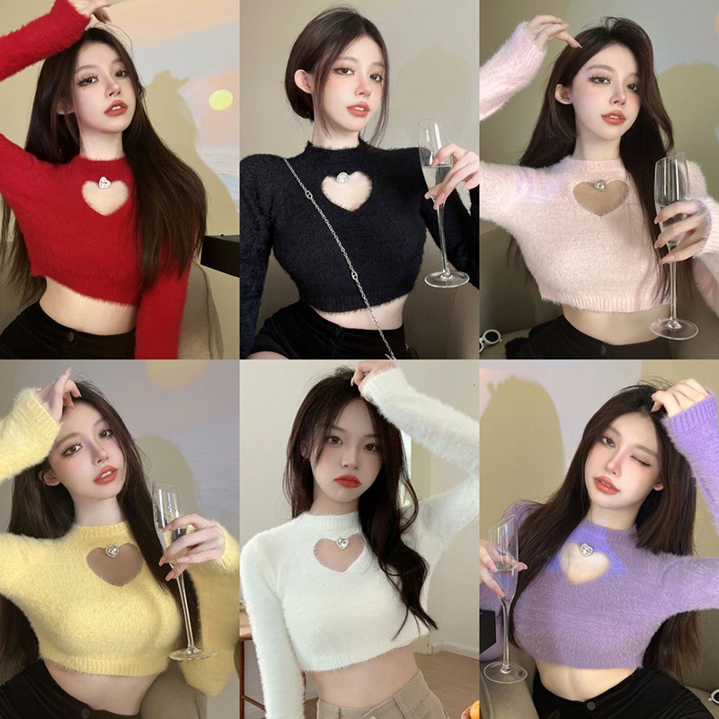 Women's Sexy Sweater Tops Expose Navel Lint Long Sleeves Solid Color ...