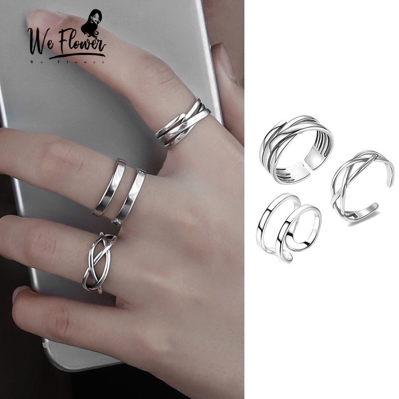 We Flower 3PCs Punk Silver Geometric Wave Lines Twisted Open Ring for Women Men Unisex ...