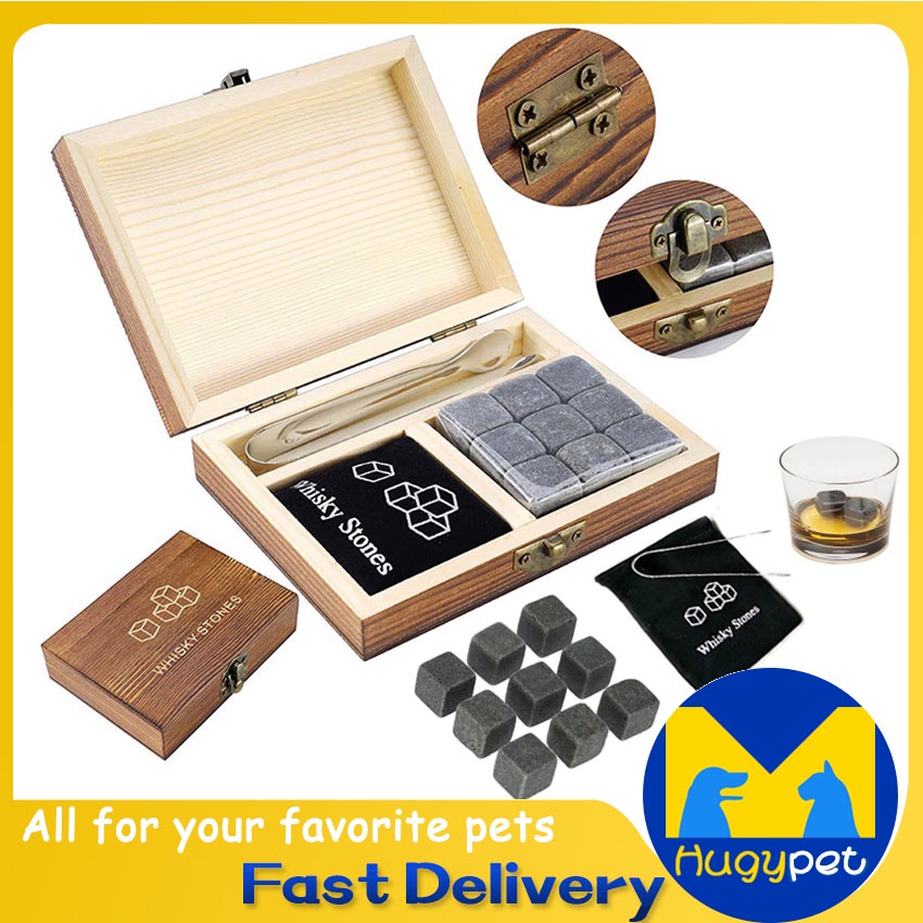 Whiskey Stones Gift Set 9 Granite Ice Cubes Whiskey Rocks Reusable Ice ...