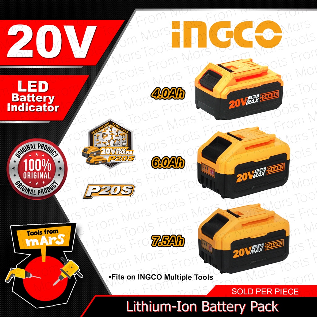 INGCO Li-Ion Battery Pack 20V 4.0Ah /6.0Ah / 7.5Ah (SOLD PER PIECE ...
