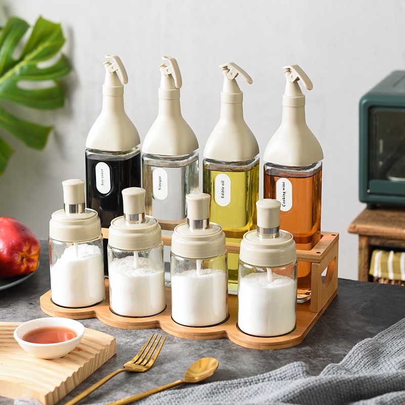 8pcs bottles wooden rack condiment sauce glass jar oil bottle kitchen ...