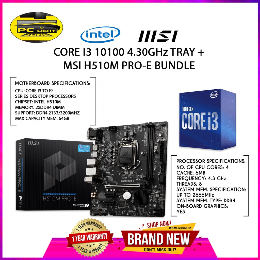 INTEL CORE I3 10100 TRAY TYPE + MSI H510M PRO E (BUNDLED) | Shopee ...