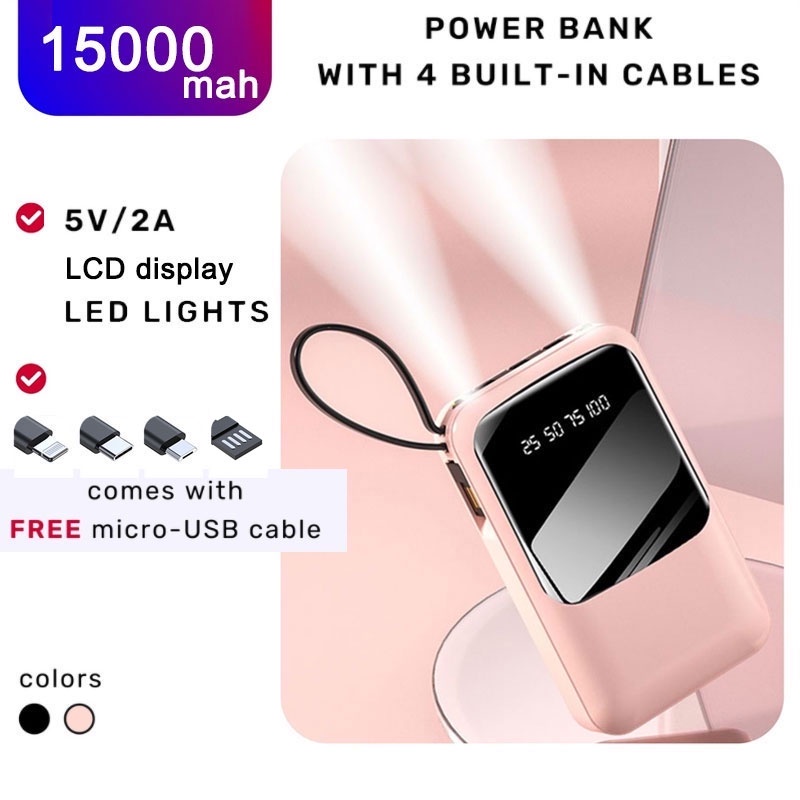 Powerbank mini 15000mah with 4Cable Fast Charging Cute Power Bank LCD ...